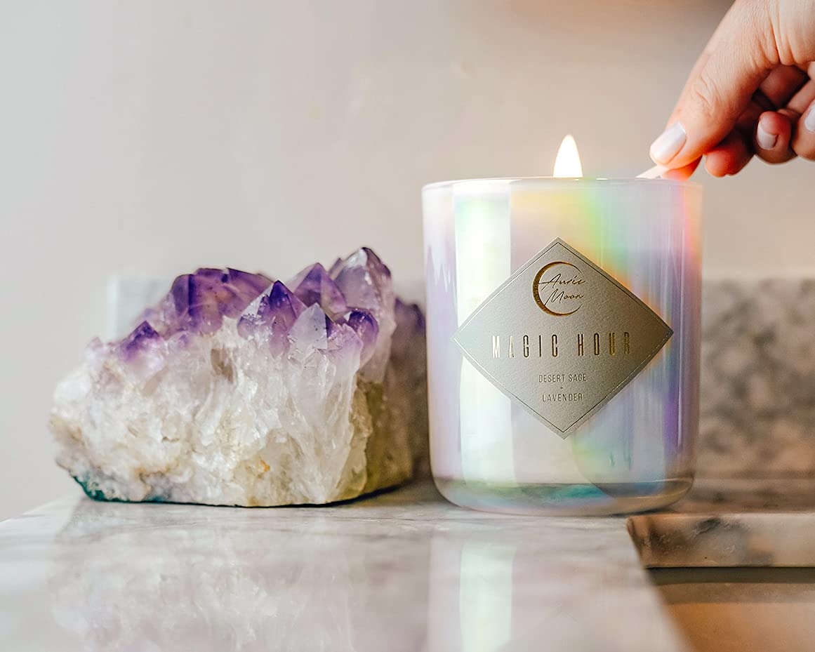 Auric Moon | Desert Sage + Lavender Scented Luxury Soy Coconut Candle for Women | Slow 70+ Hour Burn | Wood Crackling Wicks | Hand-Poured in California