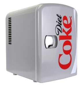 coca-cola diet coke 4l mini fridge cooler/warmer 12v dc 110v ac 6 can portable personal travel refrigerator for snacks drinks cosmetics desk home office dorm gray with iconic design & chrome accents