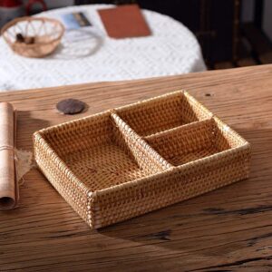 IMIKEYA Rattan Storage Basket Desk Organizer 3- Compartment Wicker Organizer Tray Rattan Crate Decorative Cosmetics Holder Boxes Jewelry Storage Case for Ladies Countertop