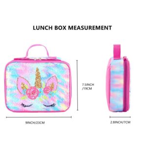 KK CRAFTS Cute Insulated Lunch Box For Girls Boys Kids Toddlers Preschool Kindergarten Elementary(Small,Sequin Rainbow Unicorn)