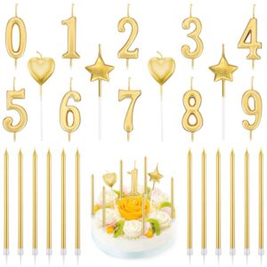 fulandl 26pcs birthday numeral candles set, 10pcs number 0-9 glitter cake topper decoration with 16pcs long, star, heart birthday candles (gold)