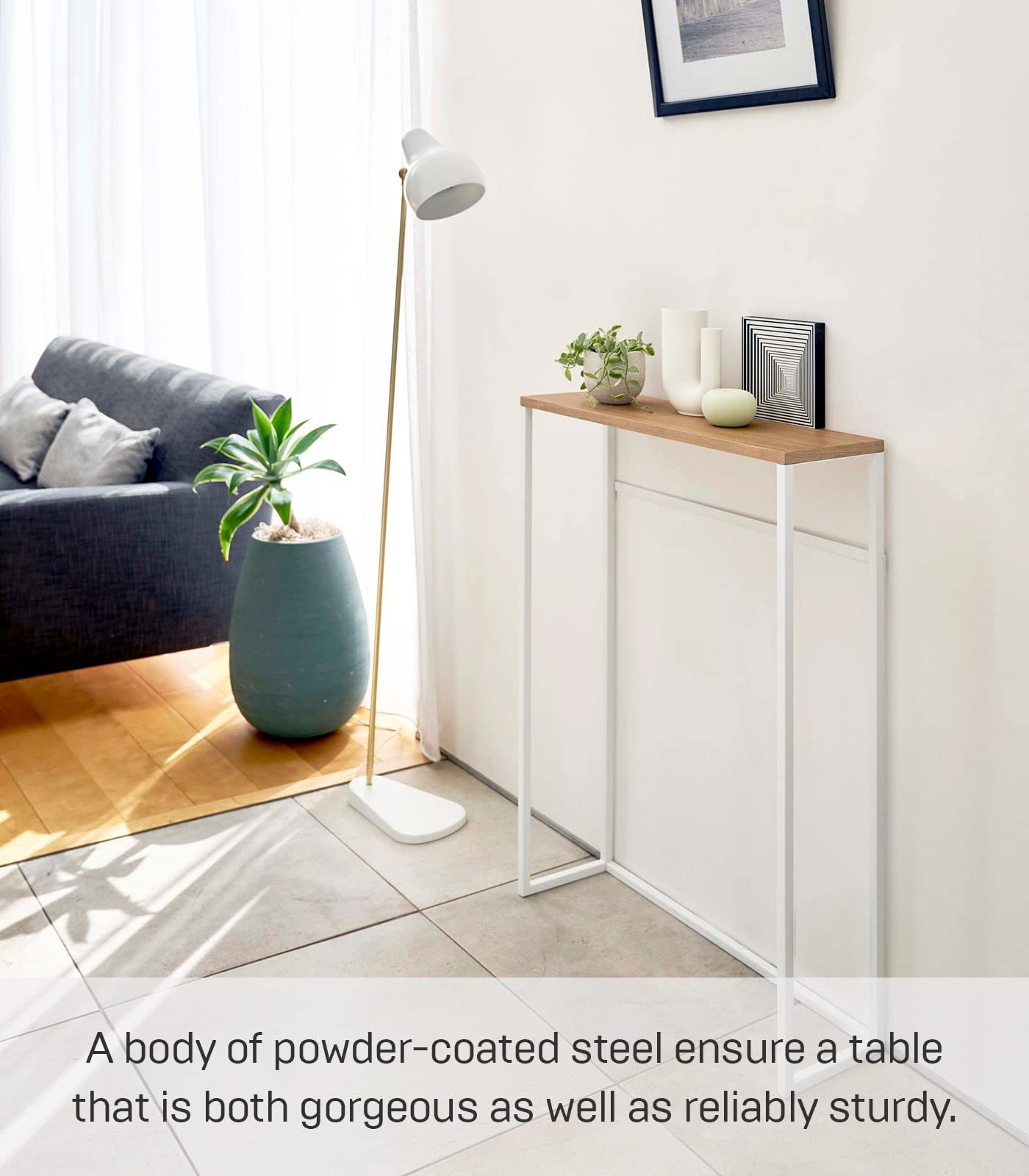 Yamazaki Home Modern Slim Console Table, Slim Narrow Accent Table for Entryway Or Living Room, Metal and Wood Skinny Hallway or Sofa Table Steel One Size White