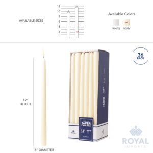 Royal Imports Unscented Taper Candles, Elegant Premium Quality, Dripless & Smokeless, Hand-Dipped Dinner Candles for Wedding, Holiday, Home Decor - 9 Hour Burn Time - Set of 36 (12 Inch, Ivory)