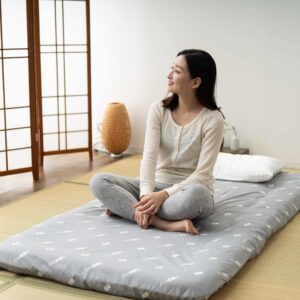 EMOOR Japanese Floor Futon Set (Mattress, Cover & Storage Case) -Kyoto- Full Size (55x80in) Gray, Sleeping Mat Tatami Bed Pad