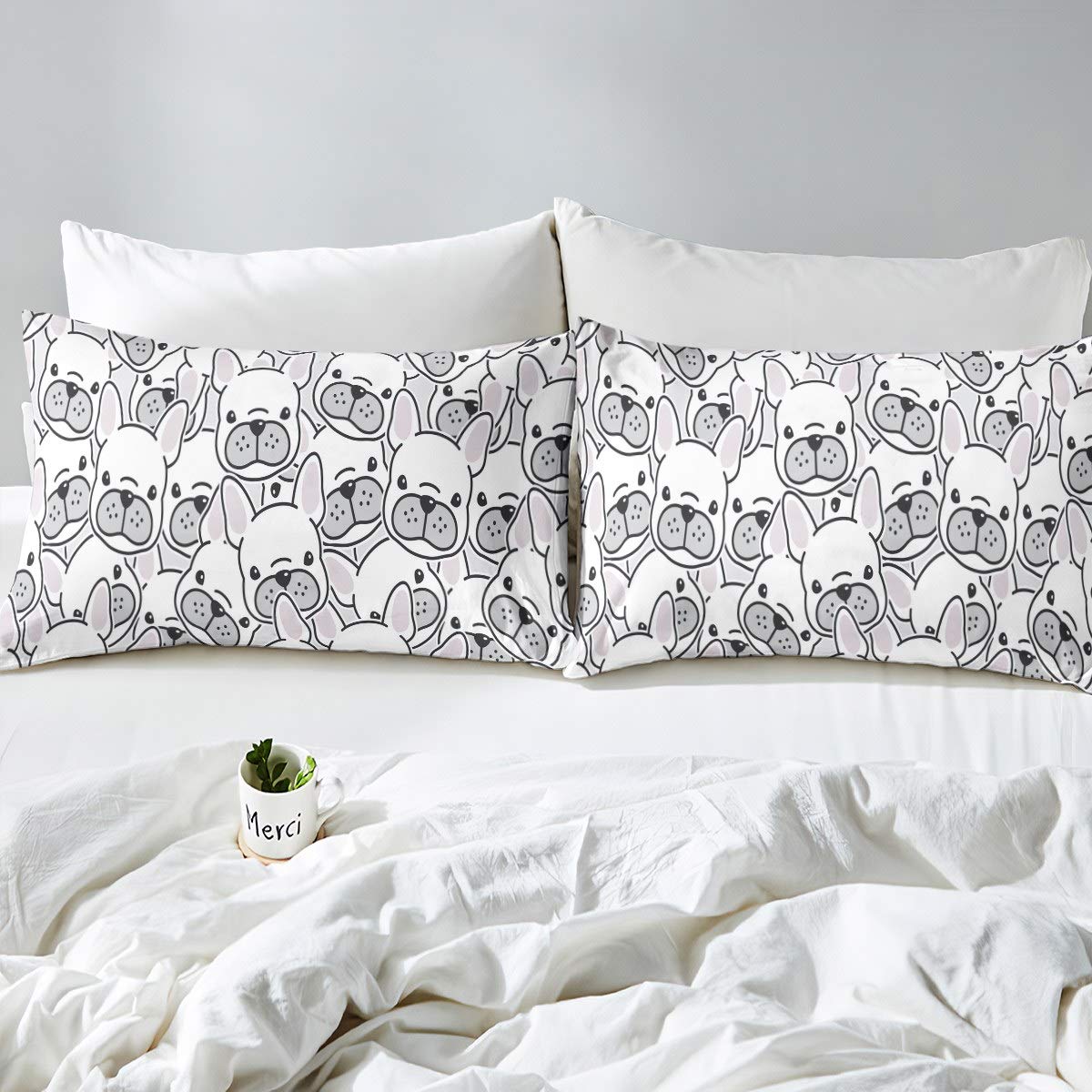 Dog Bedding Set French Bulldog Duvet Cover for Kids Boys Girls Cartoon Pet Dog Animal Print Comforter Cover Cute Bulldog Puppy Face Doodle Decor Bedspread Cover with 1 Pillowcase 2Pcs Bedding Twin