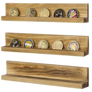 mygift rustic brown burnt wood challenge coin holder and casino chip display wall shelf rack, set of 3