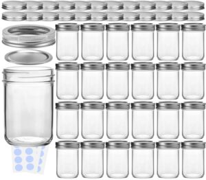 kamota mason jars, 8 oz glass jars with regular lids and bands, ideal for jam, honey, wedding favors, shower favors, diy spice jars, 24 pack, extra 24 lids & 30 whiteboard labels