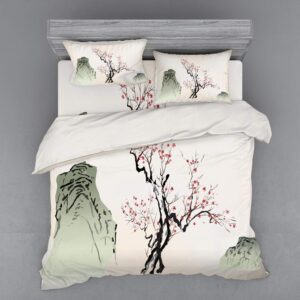 lunarable cherries bedding set, blossom style with branches rocks, 4 piece duvet cover set with shams and fitted sheet, king size, champagne sage green