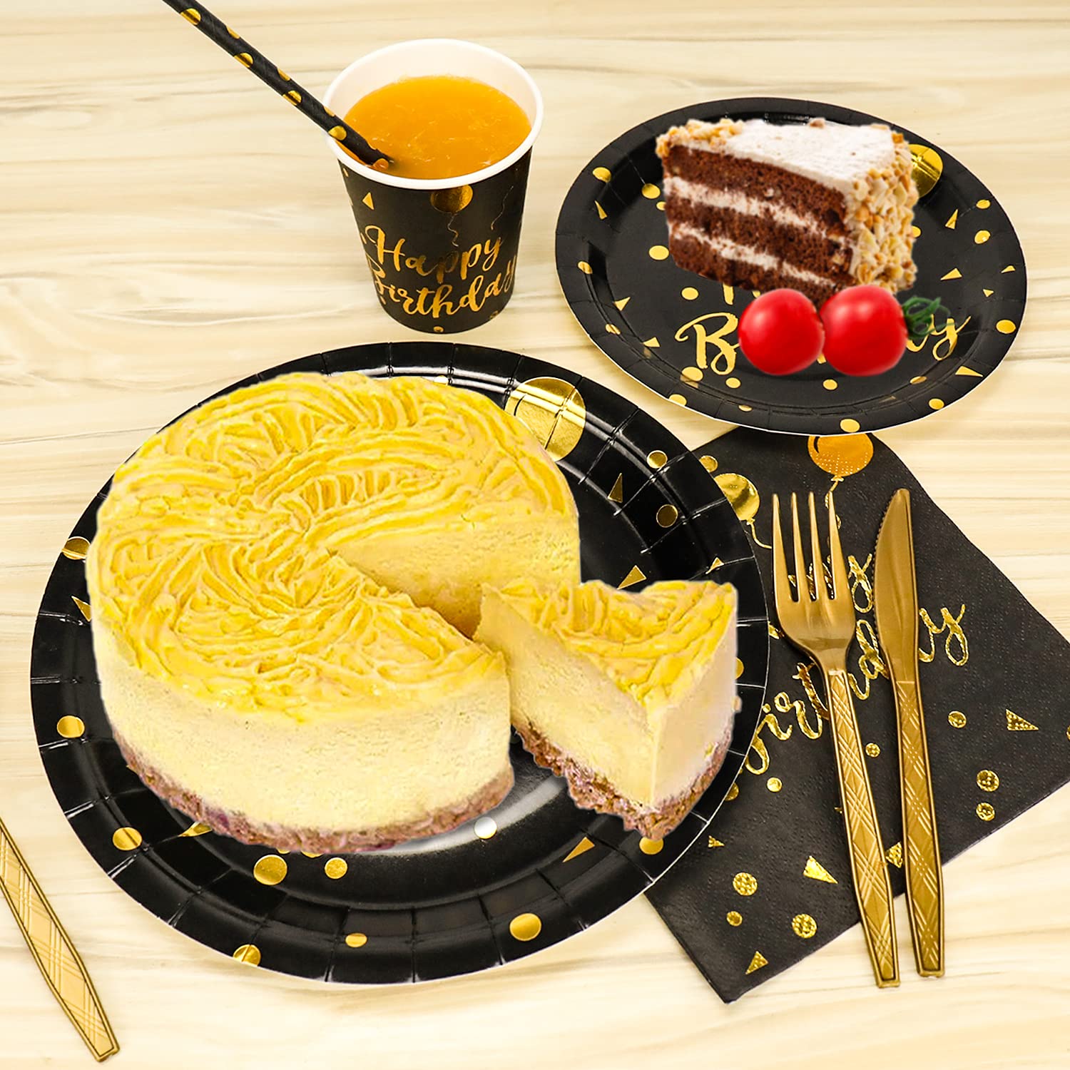 TabreMstr 201 Pieces Gold Disposable Party Dinnerware Set &Golden Dot Birthday Black Paper Plates Napkins Cups, Gold Plastic Forks Knives Spoons (25 Guests)