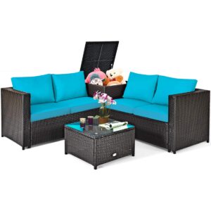 tangkula 4 piece wicker patio set with storage, all weather-proof outdoor conversation set with loveseat, glass top coffee table & storage box, suitable for garden, poolside, sunroom (1, turquoise)