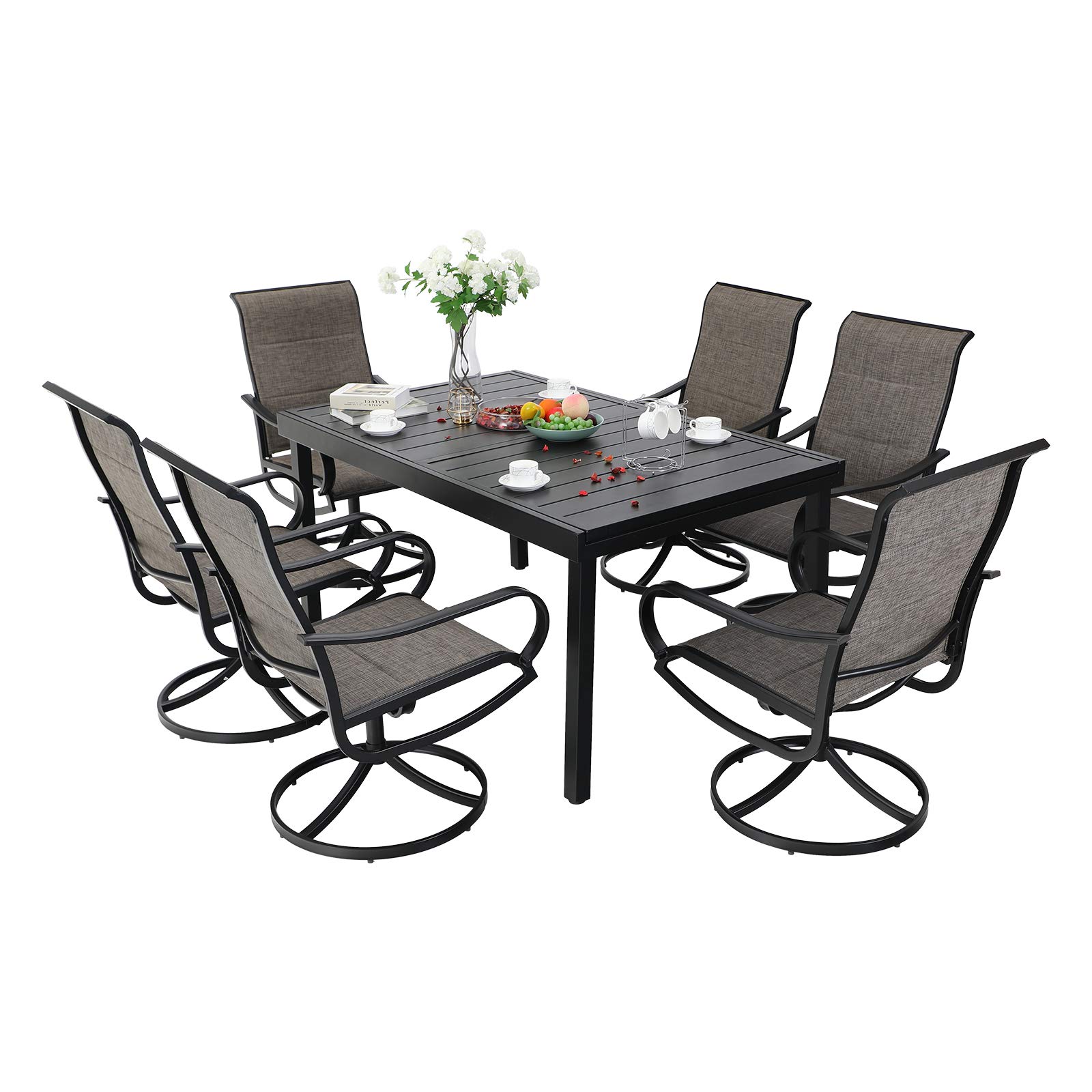 MFSTUDIO 7-Piece Metal Outdoor Patio Dining Furniture Set with 6 Padded Sling Swivel Chairs and 1 Expandable Outdoor Dining Rectangle Table