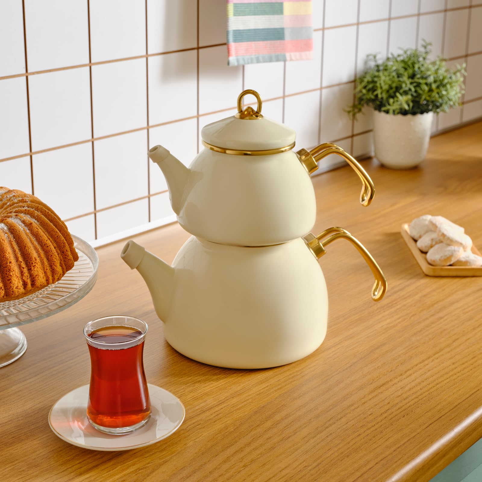 Karaca Retro Teapot Set Cream, Enamel, Teapot/Lid (1.1 lt, 2.4 lb), Tea Kettle (2.3 lt, 5 lb), Titanium Coated Handles, Suitable for Induction