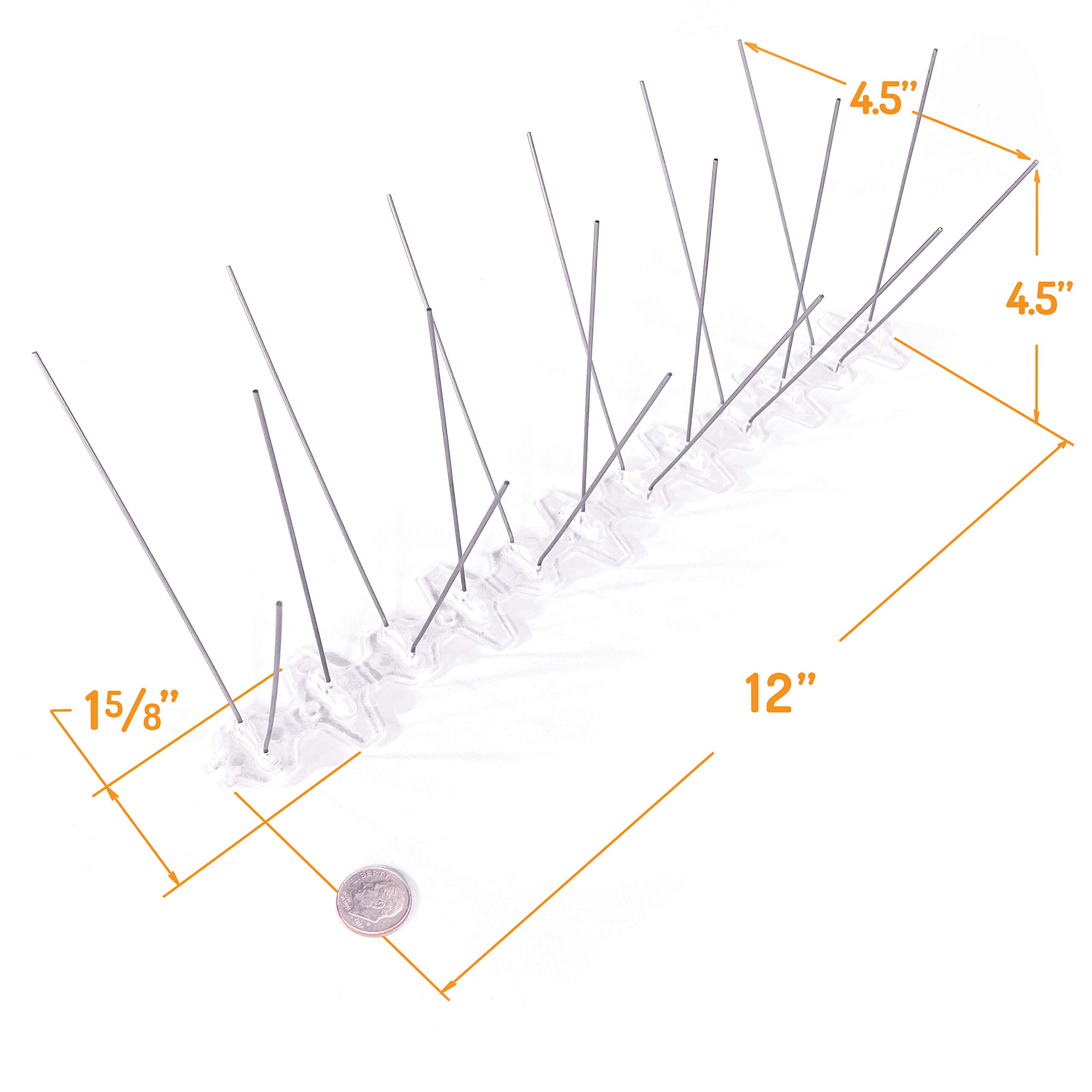 Bird Barrier Bird-Flite Stainless Steel Bird Spikes | Metal Pins Strips with Plastic Base, Clear Glue Adhesive Included - Wide (5in) - 10 Ft. Length