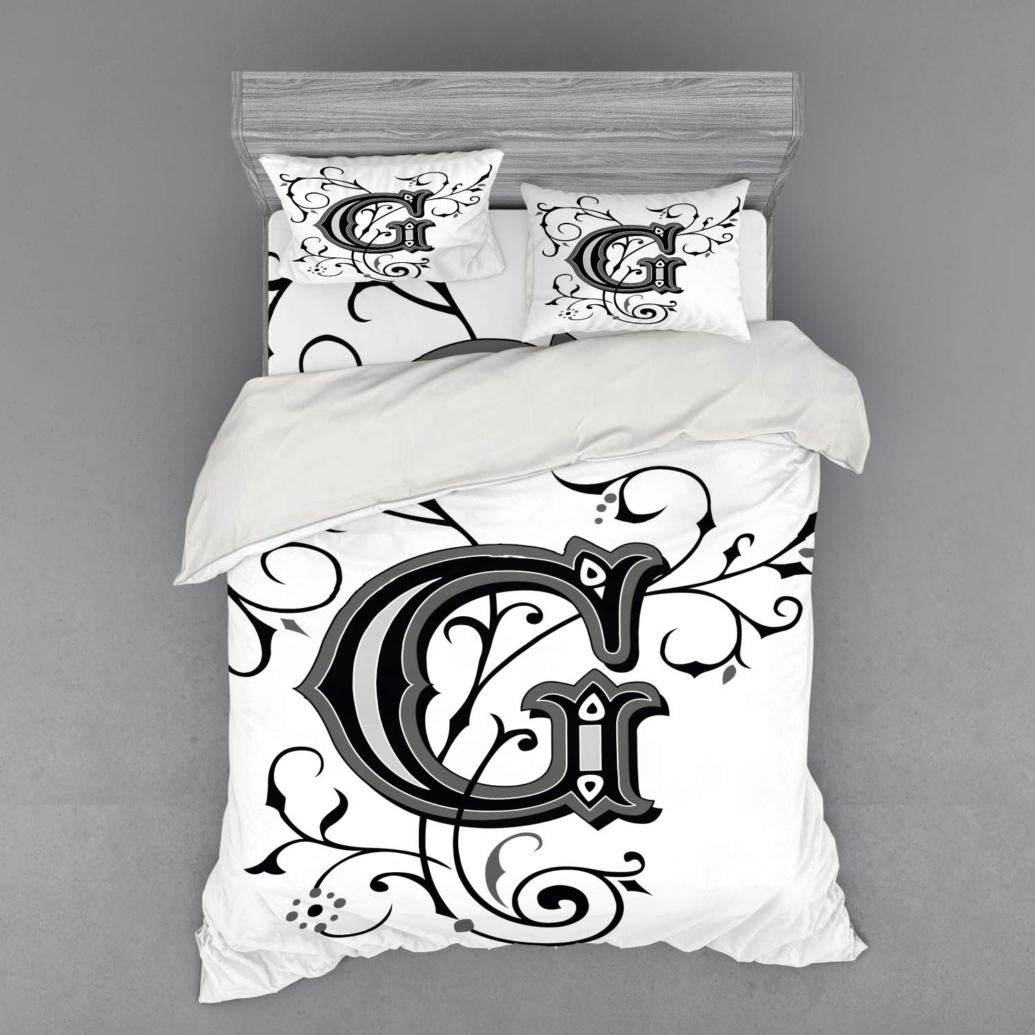 Ambesonne Letter G Bedding Set, Middle Inspired Uppercase Letter Royal Title Classic Design, 4 Piece Duvet Cover Set with Shams and Fitted Sheet, California King, Black Grey White