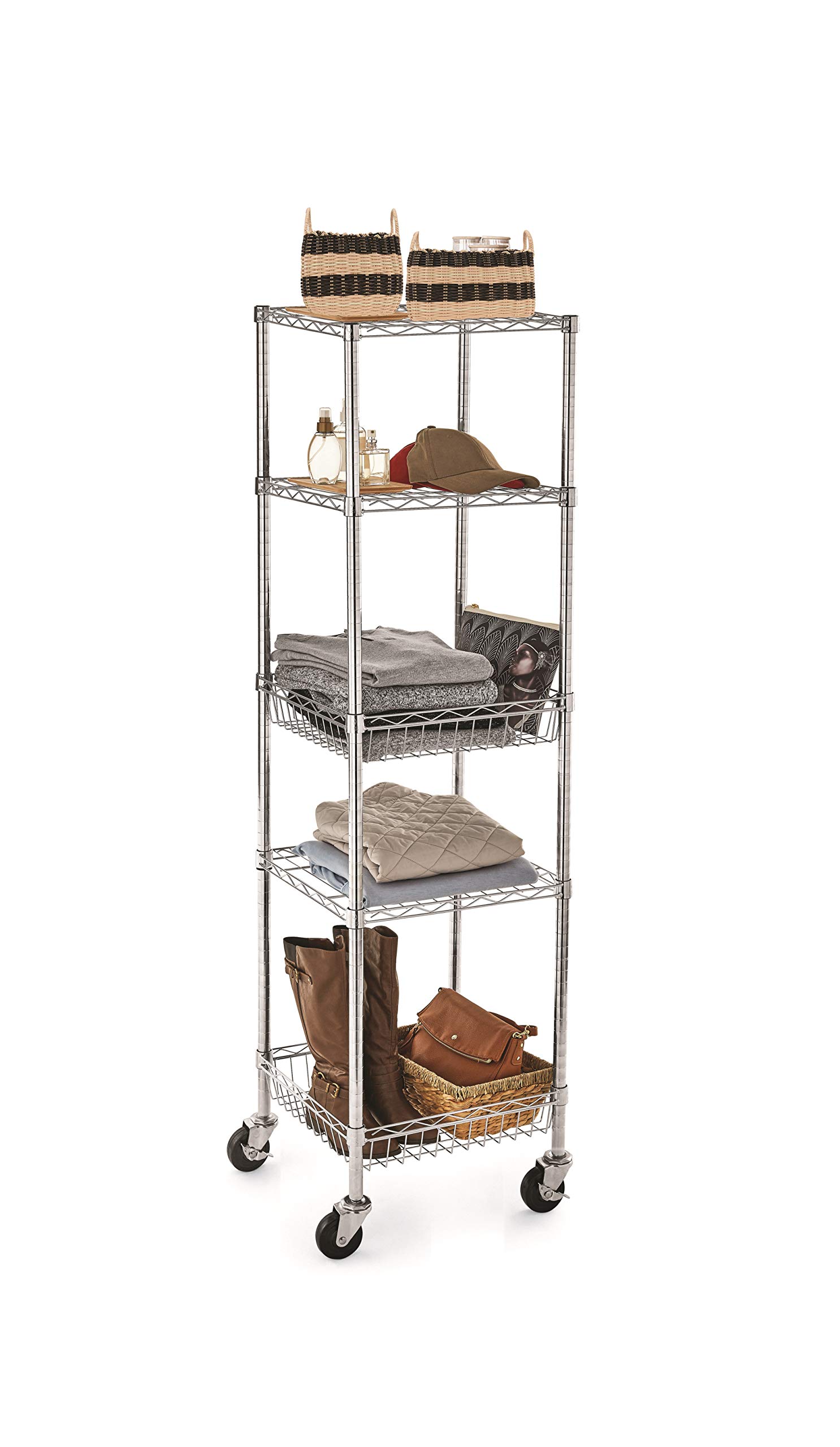 Home Storage Space HSS 5 Tier Wire Shelving Tower with Casters, 16 inch x16 inch x53.7 inch H, Chrome