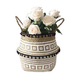 shlutesoy Woven Sundries Basket,Nordic Woven Basket Plant Rattan Box Sundries Organizer Desktop Container Holder Black M