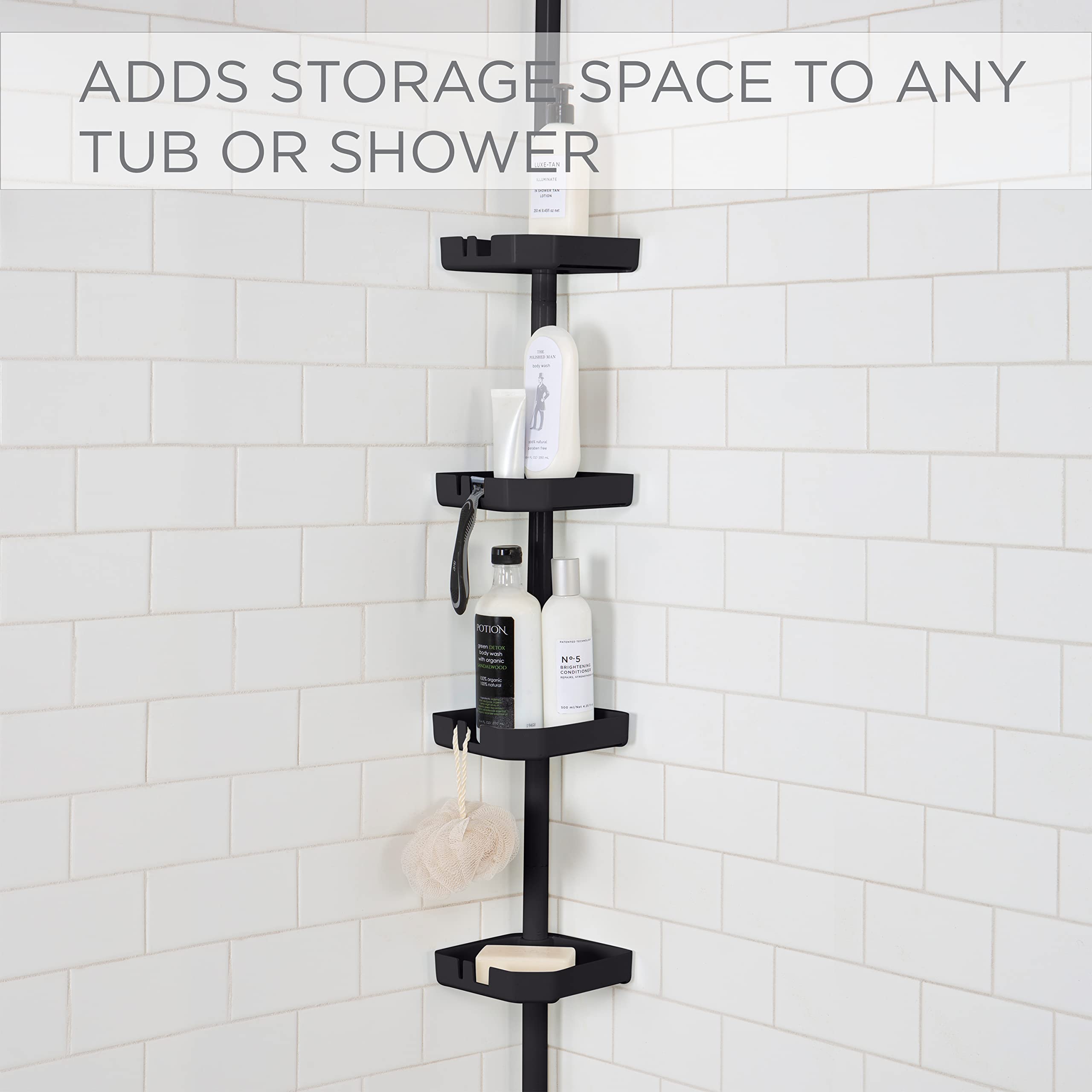 Bath Bliss 4 Tier Tensions Corner Shower Caddy Shelves Adjustable 48“-101” Bathroom Organizer Bathtub and Shower Stall Holds Large Bottles Soap Shampoo Washcloths Matte Black