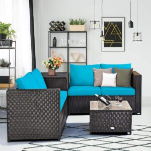 Tangkula 4 Piece Wicker Patio Set with Storage, All Weather-Proof Outdoor Conversation Set with Loveseat, Glass Top Coffee Table & Storage Box, Suitable for Garden, Poolside, Sunroom (1, Turquoise)