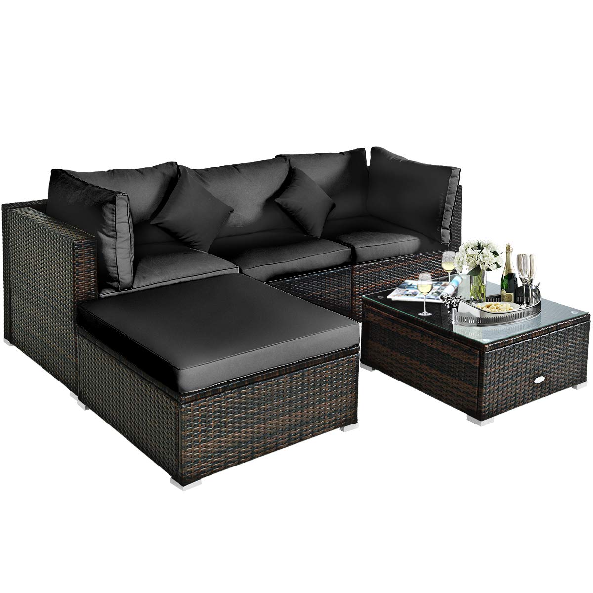 Tangkula 5 Piece Patio Rattan Furniture Set, Outdoor Sectional Rattan Sofa Set with Back & Seat Cushions, Wicker Conversation Set with Tempered Glass Table for Backyard Porch Poolside (Black)