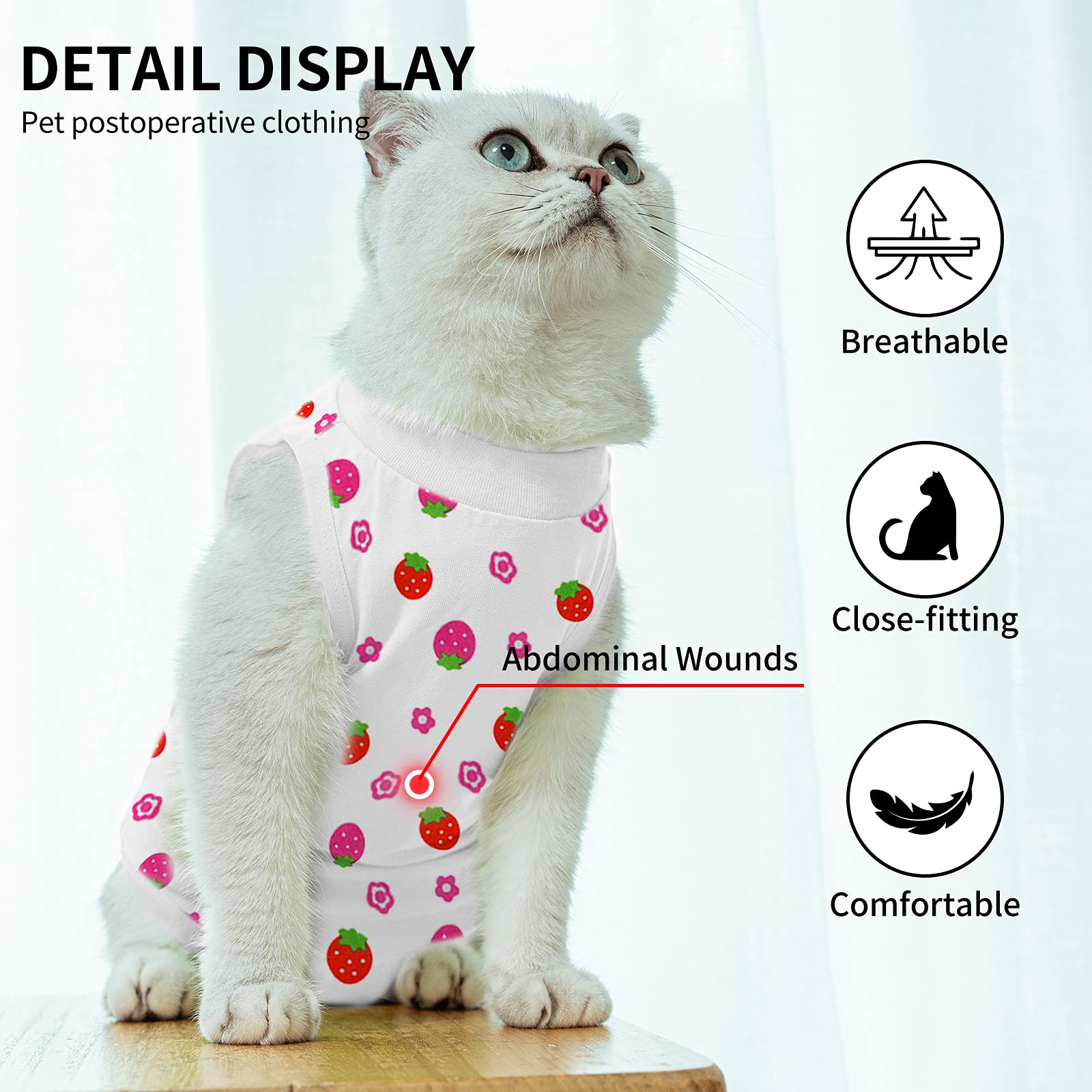 Cat Professional Surgical Recovery Suit,E-Collar Alternative for Cats Dogs,After Surgery Wear, Pajama Suit,Home Indoor Pets Clothing Strawberry M