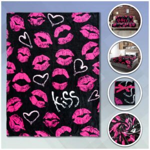 Infinity Republic - Kiss Kiss Black & Pink Soft Fleece Throw Blanket for Valentines Day Gifts- 50x60 Perfect for Living Rooms, Bedrooms, Kids' Rooms, Outdoors