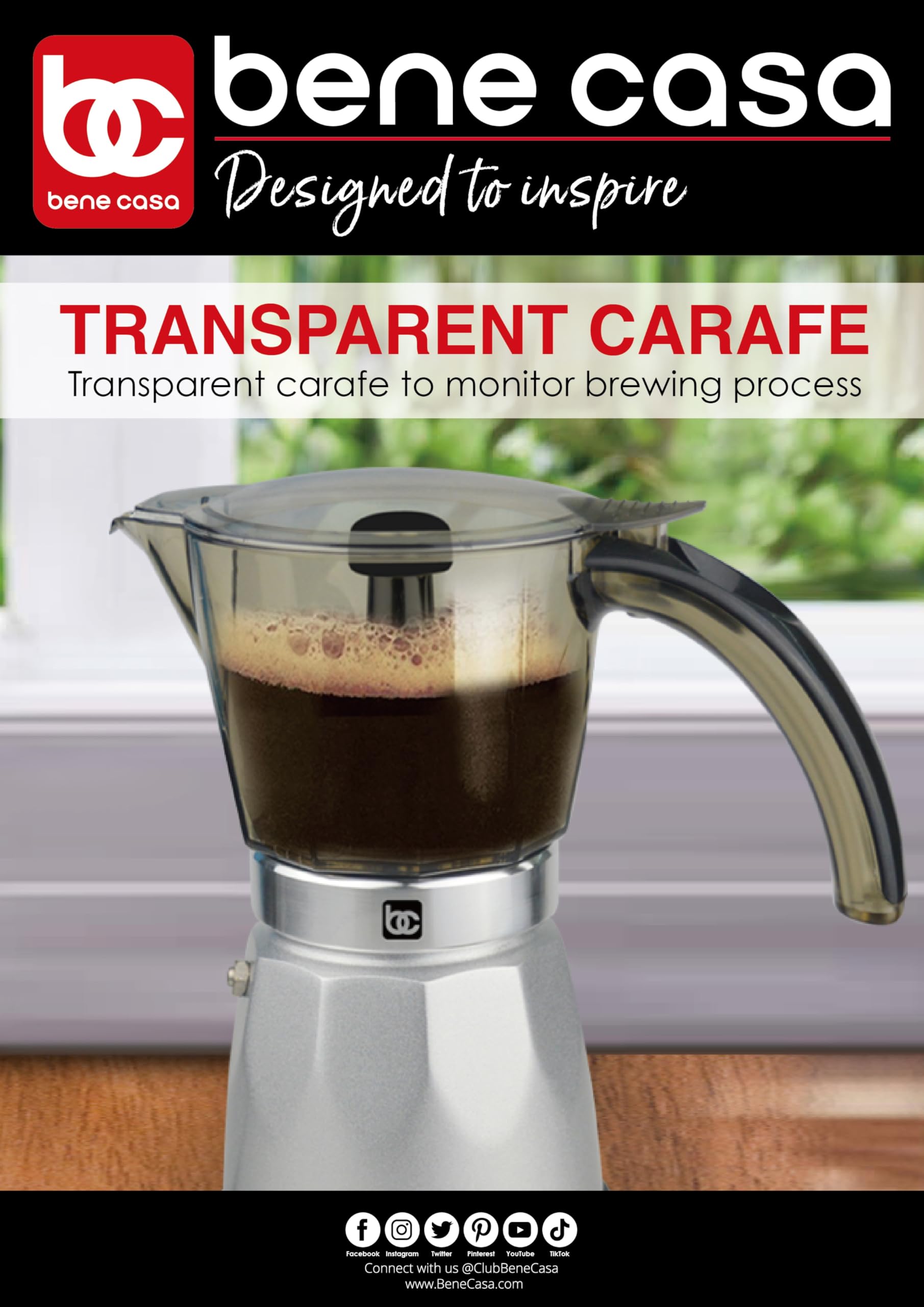 Bene Casa Espresso Coffe Maker, 6 Cup,Electric Maker Portable Cafetera Electrica| Trasparent Carefa, De 6 Tasas, Para Cafe' Espresso,Baso Trasparente.