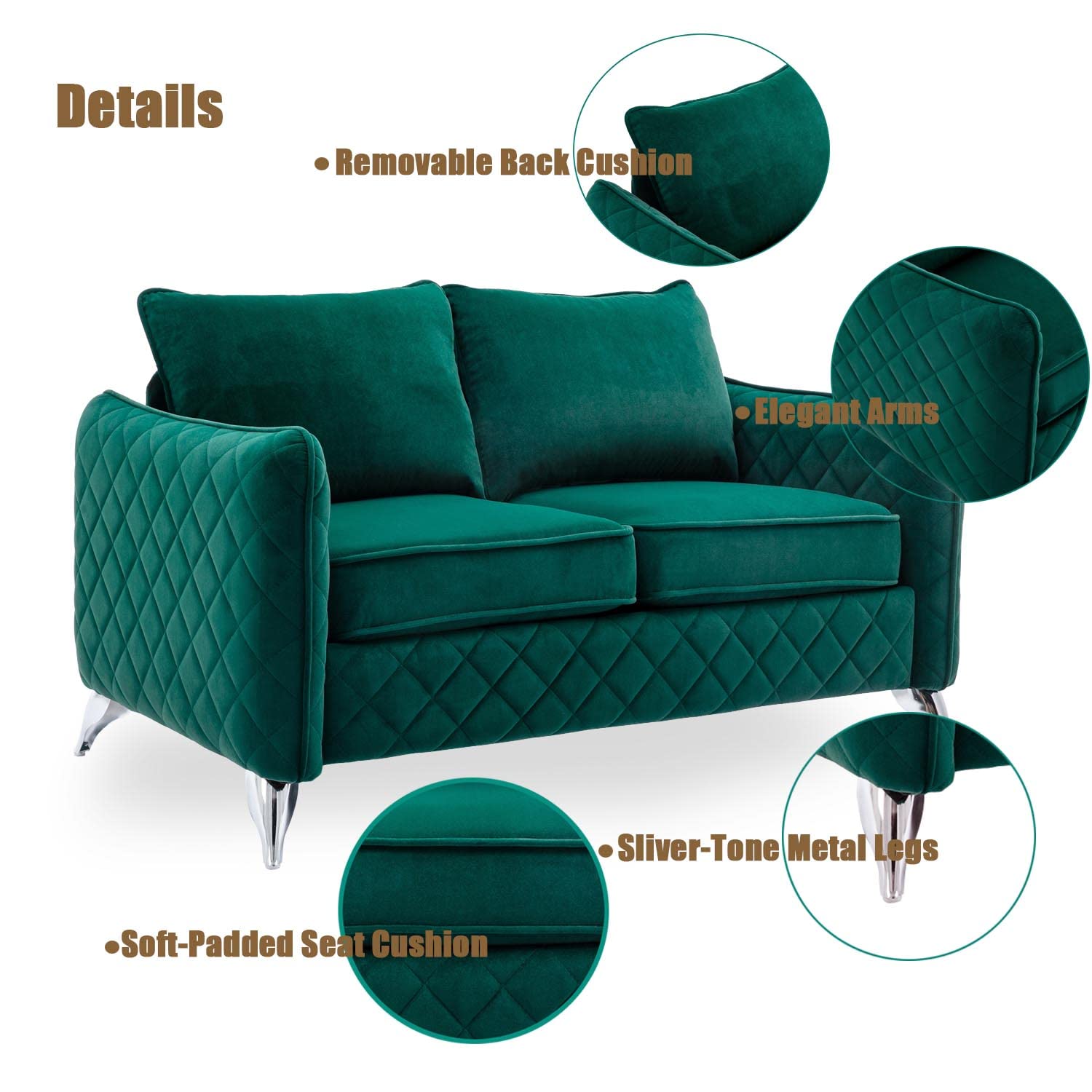 Altrobene Velvet Loveseat, Modern Sofa Chair Couch for Two People, Soft Upholstered, Silver Tone Metal Legs, Christmas Green