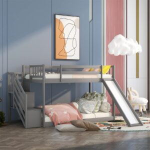 low bunk bed with slide and stairs twin over twin bunk beds wood frame for kids toddlers boys girls, gray