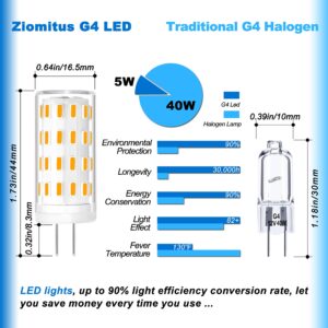 Ziomitus G4 T3 LED Landscape Bulbs 5W 12~24V, G4 40W 35W Halogen Equivalent,2700k Soft Warm White,Low Voltage G4 JC Bi-Pin Light Bulbs for Outdoor Deck Stair Step Path Lighting,450 LM,(10Pack)