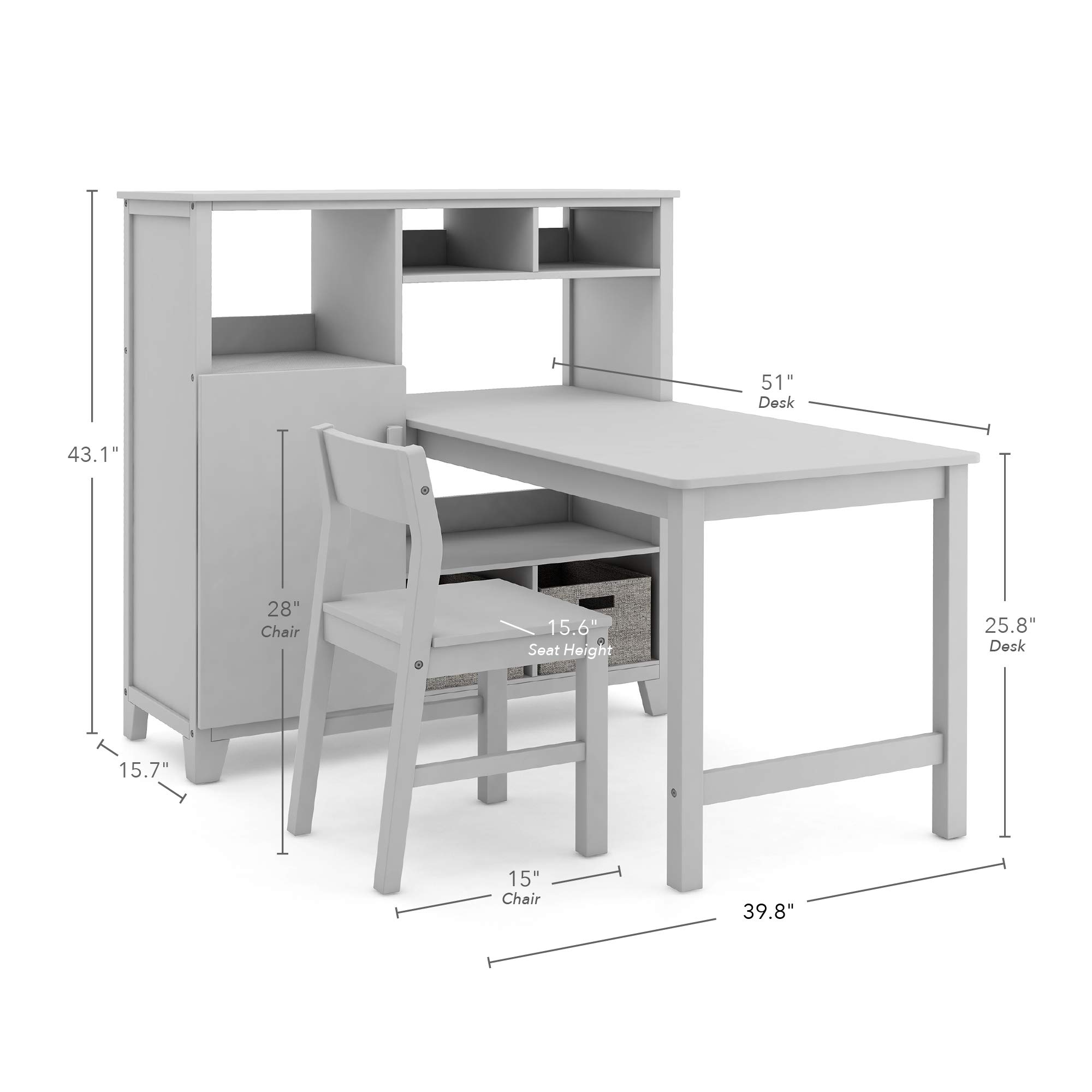 Martha Stewart Kids' Media System with Desk Extension and Chair (Gray) – Wooden Cubby Storage Organizer and Computer Study Table for Home School