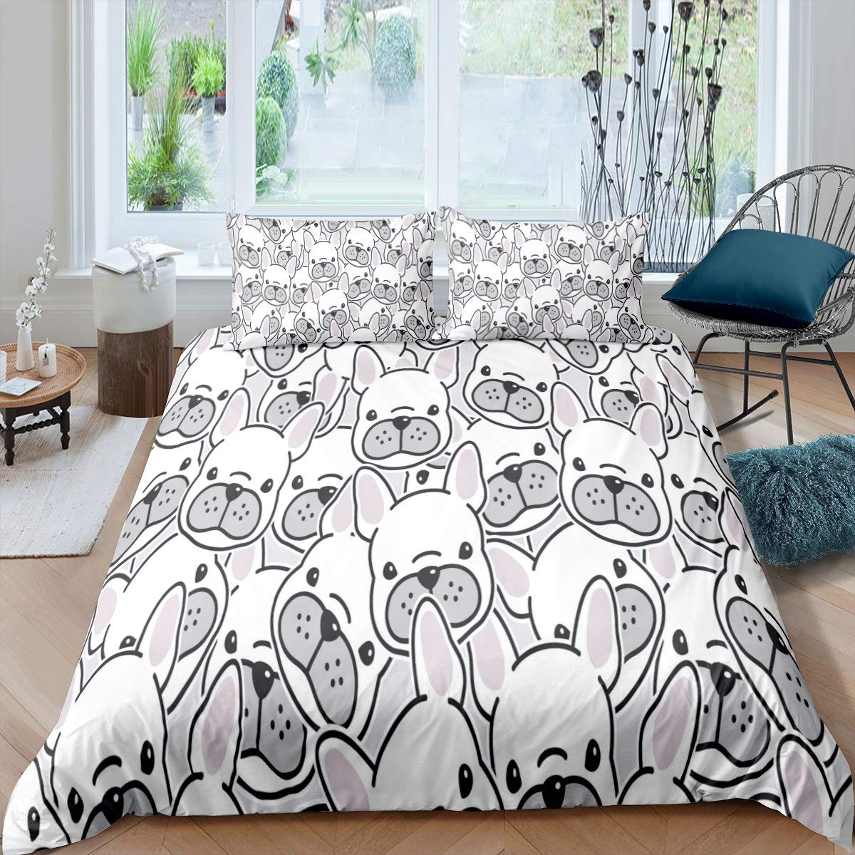 Dog Bedding Set French Bulldog Duvet Cover for Kids Boys Girls Cartoon Pet Dog Animal Print Comforter Cover Cute Bulldog Puppy Face Doodle Decor Bedspread Cover with 1 Pillowcase 2Pcs Bedding Twin