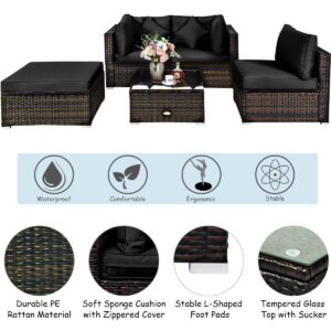 Tangkula 5 Piece Patio Rattan Furniture Set, Outdoor Sectional Rattan Sofa Set with Back & Seat Cushions, Wicker Conversation Set with Tempered Glass Table for Backyard Porch Poolside (Black)