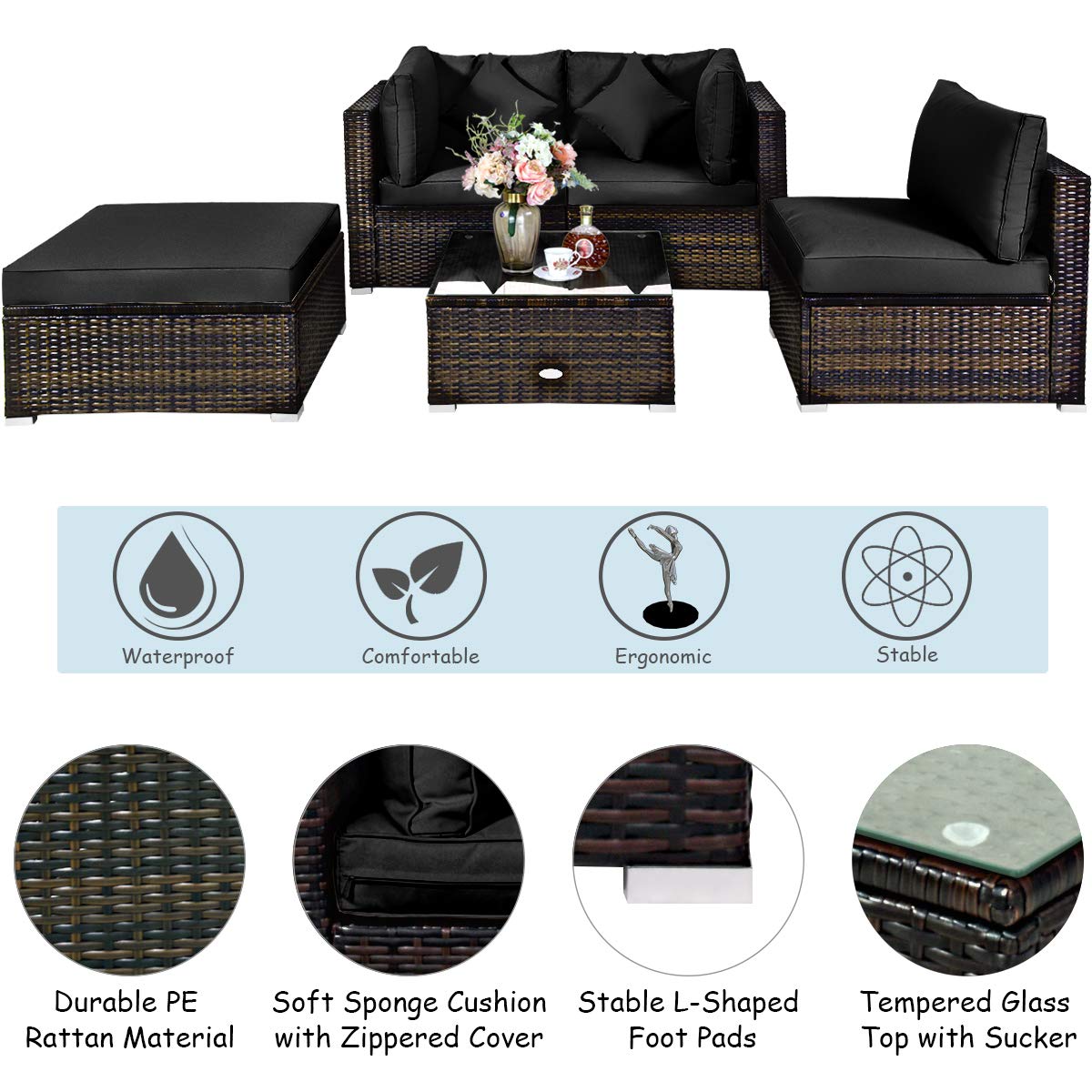 Tangkula 5 Piece Patio Rattan Furniture Set, Outdoor Sectional Rattan Sofa Set with Back & Seat Cushions, Wicker Conversation Set with Tempered Glass Table for Backyard Porch Poolside (Black)