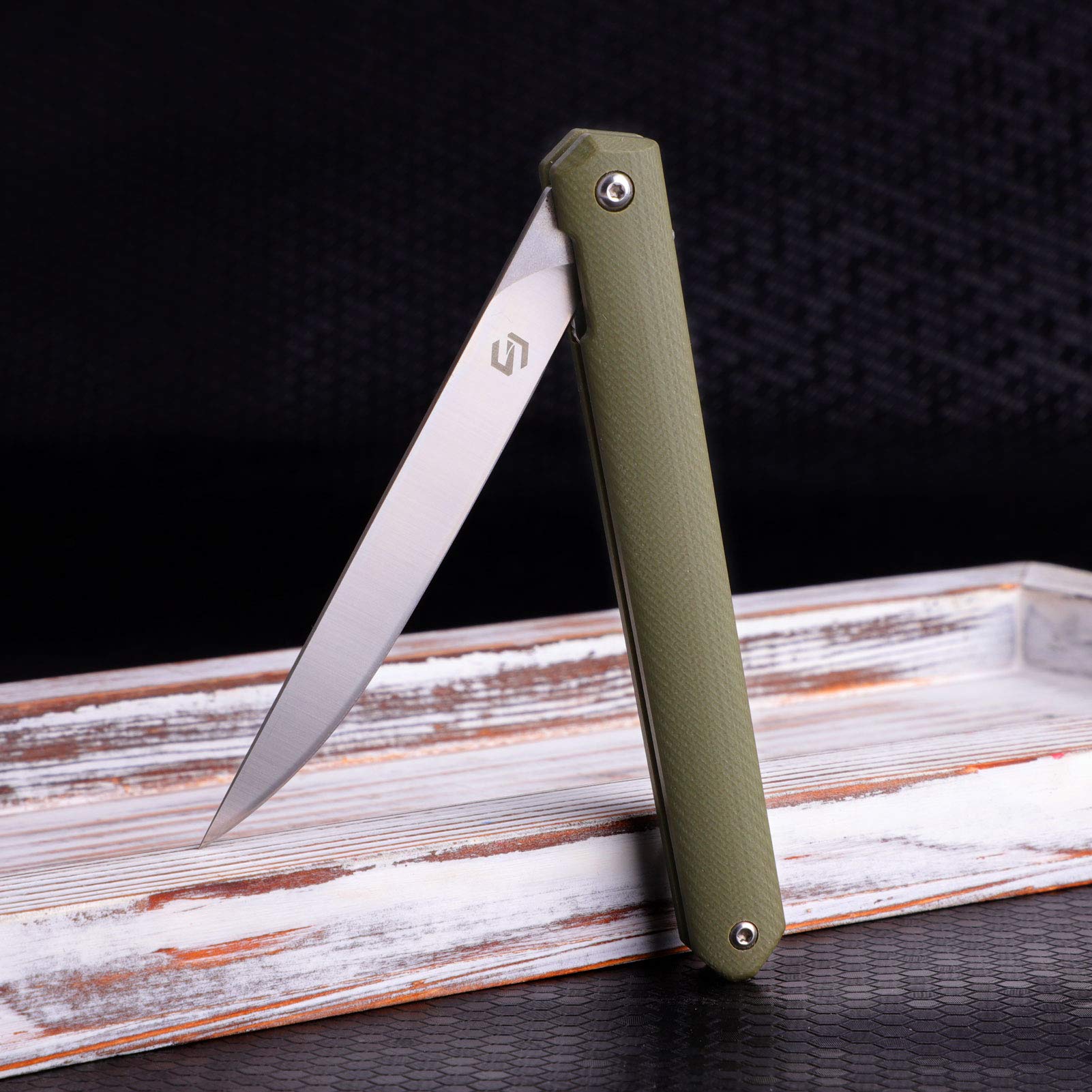 Samior G1035 Small Slim Folding Pocket Flipper Knife, 3.5 inch D2 Drop Point Blade, Army Green G10 Handle with Liner Lock Pocket Clip, Gentleman's EDC Knives 1.3oz