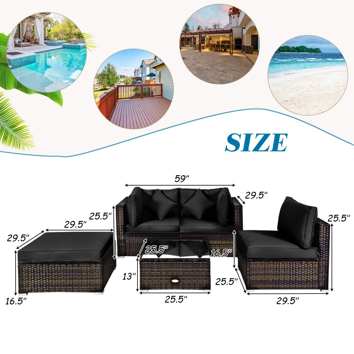 Tangkula 5 Piece Patio Rattan Furniture Set, Outdoor Sectional Rattan Sofa Set with Back & Seat Cushions, Wicker Conversation Set with Tempered Glass Table for Backyard Porch Poolside (Black)