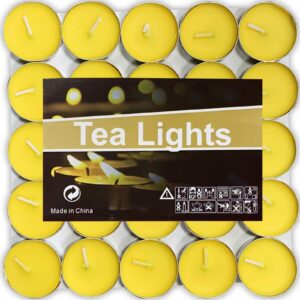 ouo tea lights candles, 50 pack smokeless candles,small candles, dripless & long lasting mini tealight candles for mood, dinners, parities, home, decoration, wedding, crafts(yellow)