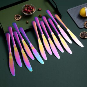 Berglander Rainbow Dinner Knives Set Of 12, Stainless Steel Titanium Plating Shiny Colorful Dinner Knife, Mutil Color Butter Knife Spreader Table Knives Sturdy And Dishwasher Safe