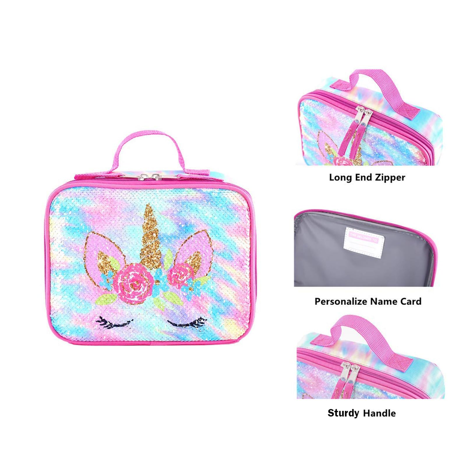 KK CRAFTS Cute Insulated Lunch Box For Girls Boys Kids Toddlers Preschool Kindergarten Elementary(Small,Sequin Rainbow Unicorn)