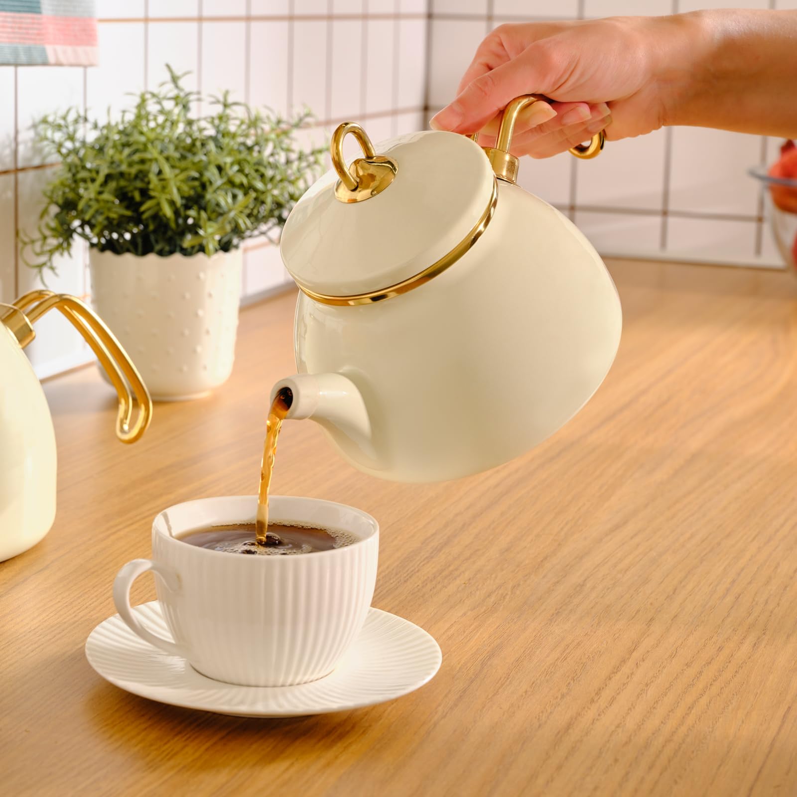 Karaca Retro Teapot Set Cream, Enamel, Teapot/Lid (1.1 lt, 2.4 lb), Tea Kettle (2.3 lt, 5 lb), Titanium Coated Handles, Suitable for Induction