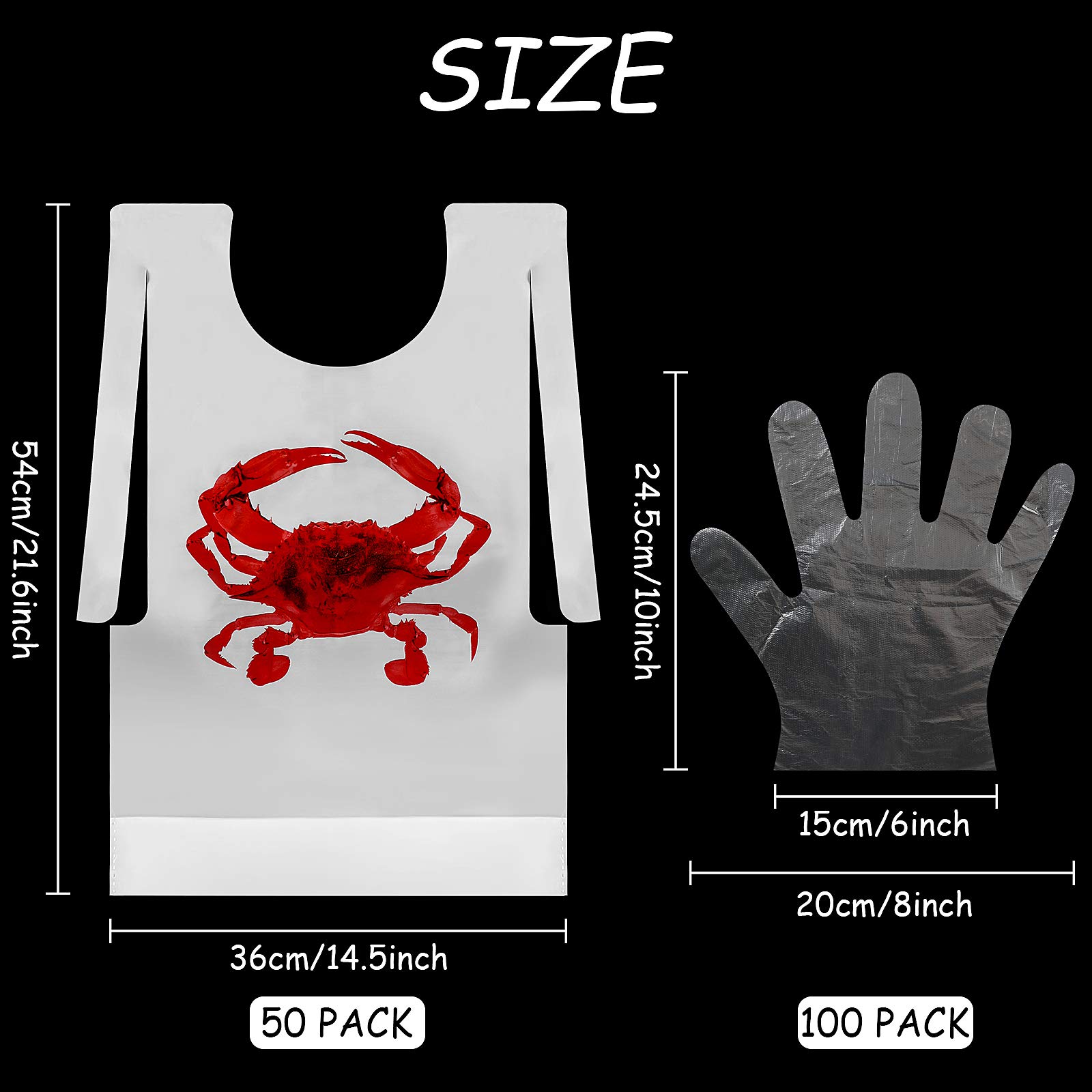 50pcs Crab Lobster Bibs and 50 Pairs of Plastic Disposable Gloves Disposable Adult Crab Feast Bibs for Seafood(Crab Style)