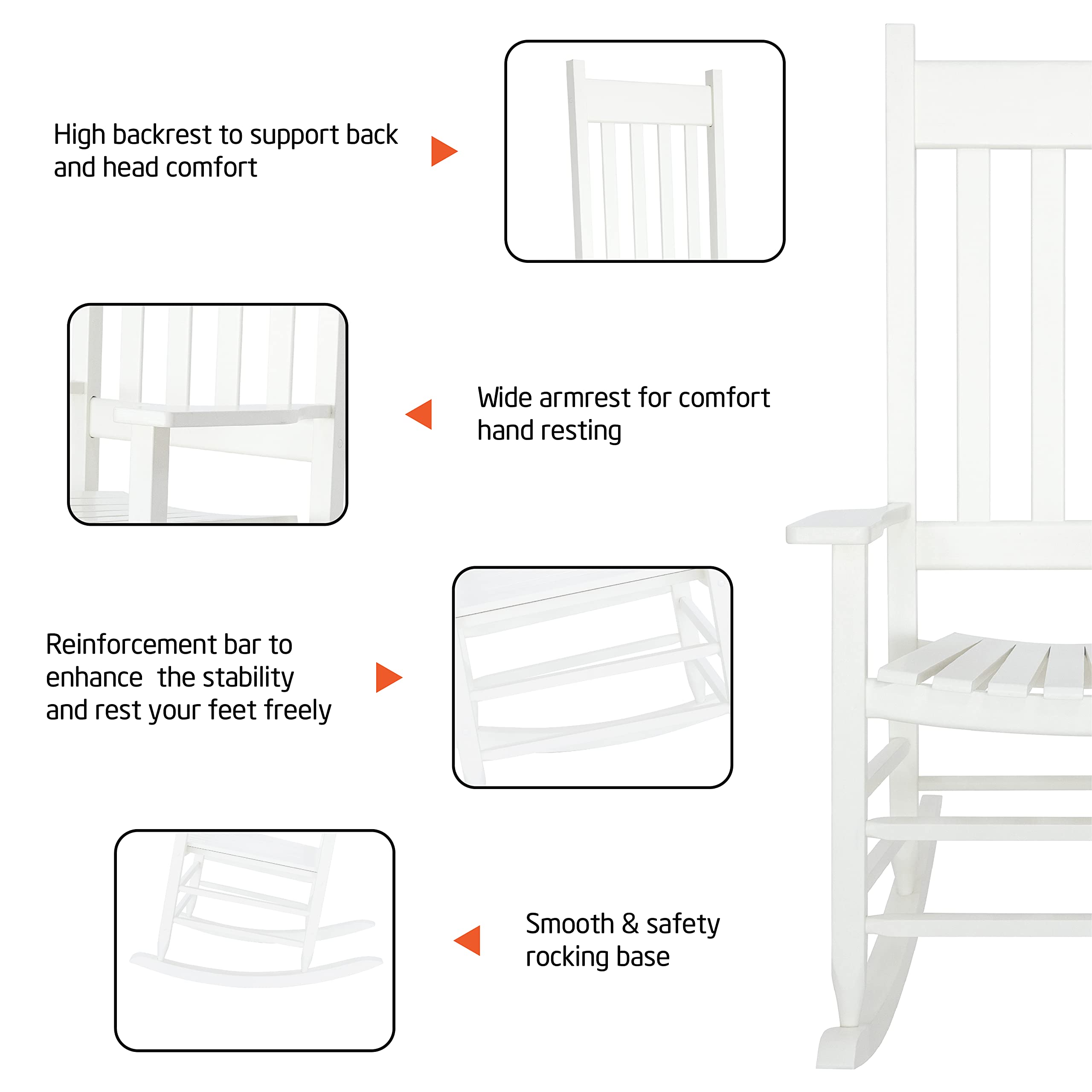 HOMESTEAD Wooden Rocking Chair Outdoor Furniture - Acacia Solid Wood White Rocking Chair Front Porch Furniture - FSC Certified Hardwood Indoor & Outdoor Adirondack Rocking Patio Rocker Porch Chairs