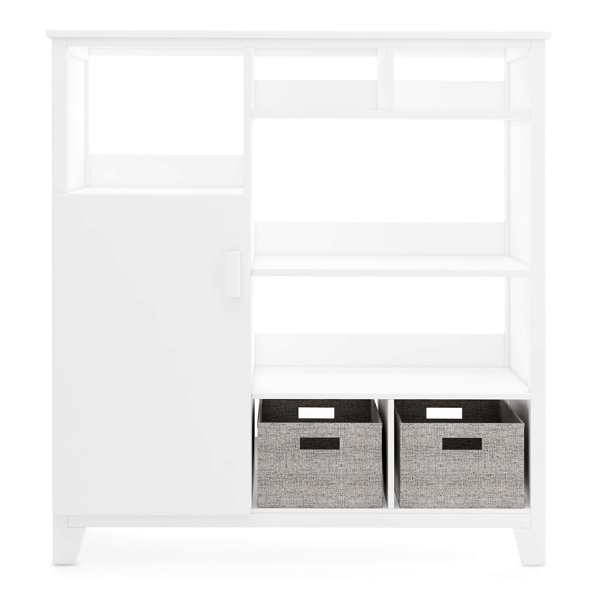 Martha Stewart Kids' Media System - Creamy White: 43 Inch Wooden Cubby Storage Organizer Bookcase with Fabric Bins for Bedroom and Playroom