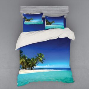 ambesonne ocean duvet cover set, seaside view tropical island coast jungle nature landscape picture, 4 piece bedding set with shams and fitted sheet, california king, royal blue turquoise