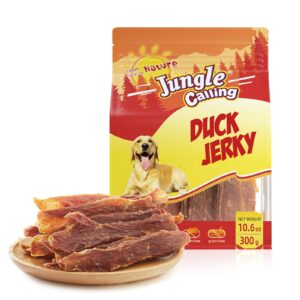 jungle calling dog treats, duck jerky for dogs, slow roasted snacks for medium and large dogs chewy training treats, 10.6 oz