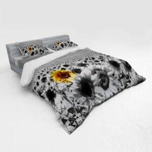 Lunarable Modern Duvet Cover Set, Sunflower Field Black and White a Single Yellow Flower Spring Landscape Individuality, 4 Piece Bedding Set with Shams and Fitted Sheet, King Size, Grey