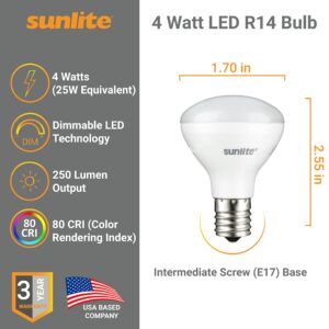 Sunlite 80425 LED R14 Mini Reflector Floodlight Light Bulb, 4 Watts (25W Equivalent), 250 Lumens, Intermediate (E17) Base, Dimmable, ETL Listed, 3000K Warm White, 1 Count