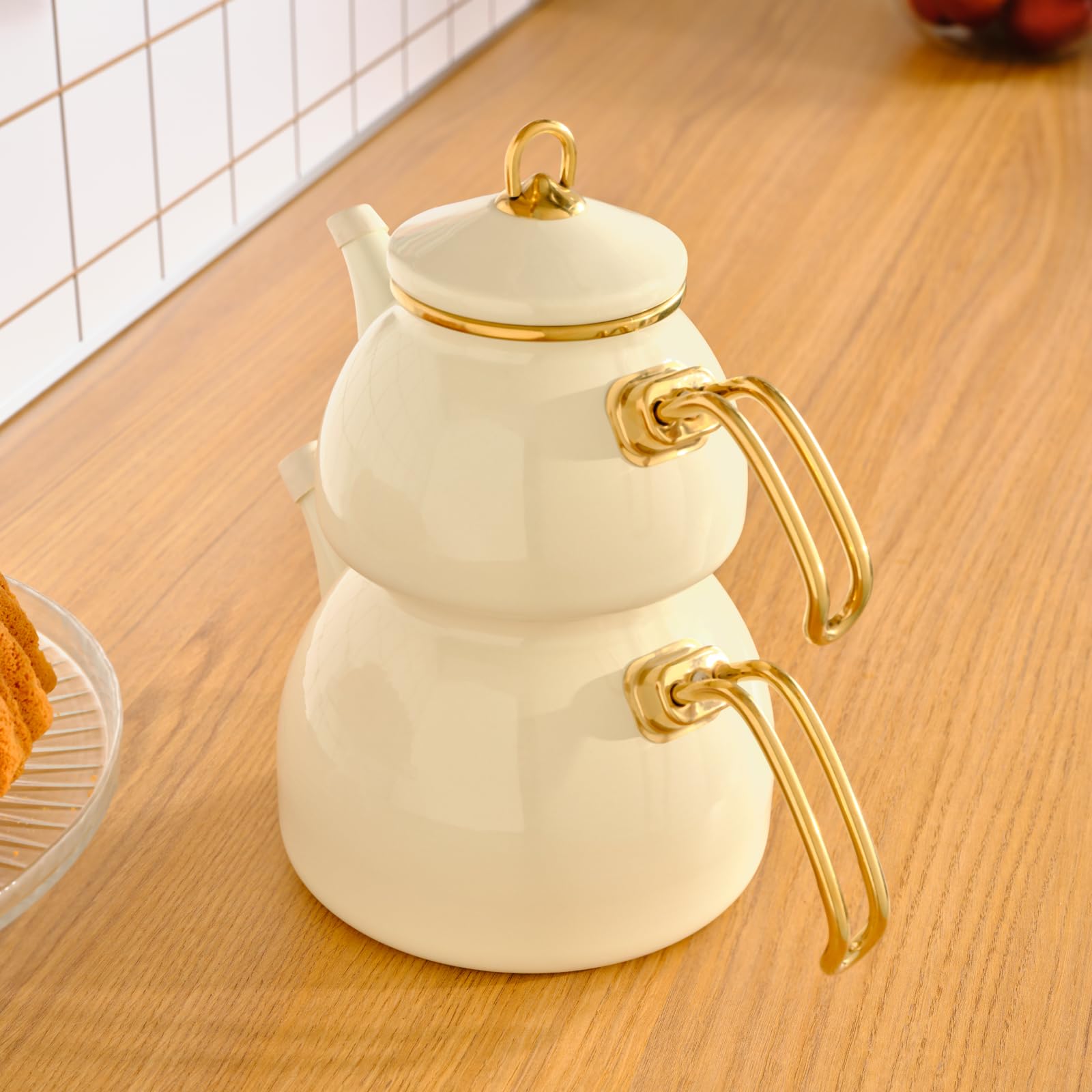 Karaca Retro Teapot Set Cream, Enamel, Teapot/Lid (1.1 lt, 2.4 lb), Tea Kettle (2.3 lt, 5 lb), Titanium Coated Handles, Suitable for Induction