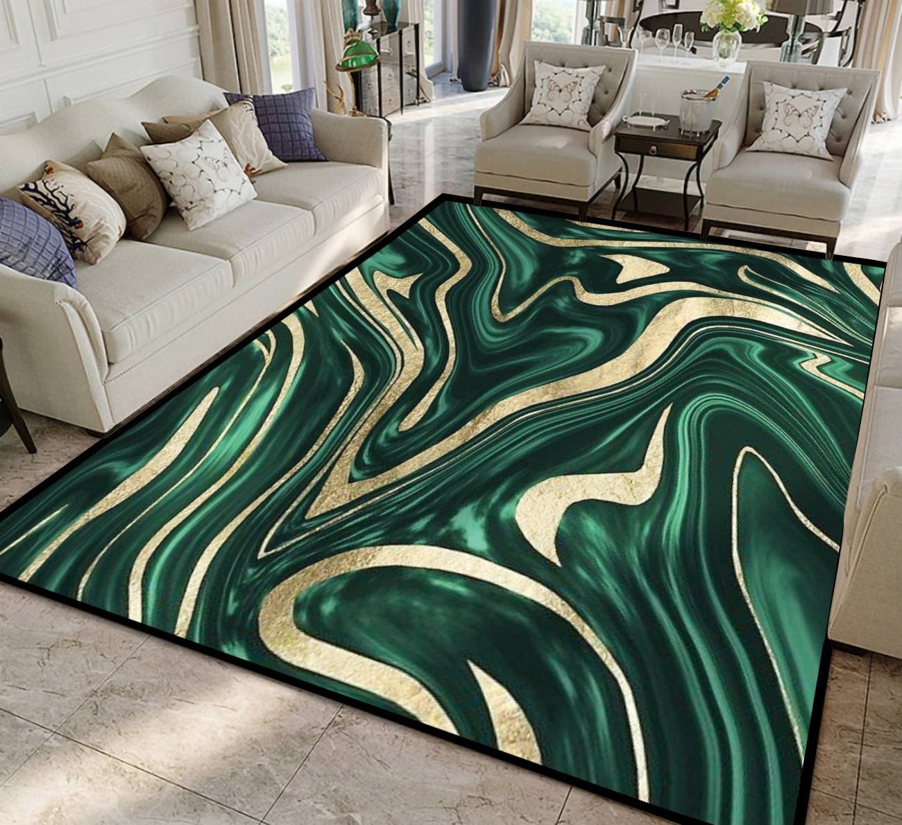 Green and Gold Marble Swirl Modern Abstract Emerald Green Area Rug for Living Room Bedroom Ultra Soft Carpet Under Dining Table Non-Slip Floor Mat Aesthetic Home Office Carpets