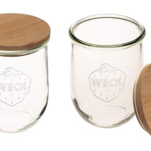 Weck Jars - 33.8 fl. oz Weck Tulip Jars 1 Liter - Sour Dough Starter Jars - Large Glass Jars for Sourdough Suitable for Canning and Storage - (2 Jars, Glass Lids & Wooden Lids)