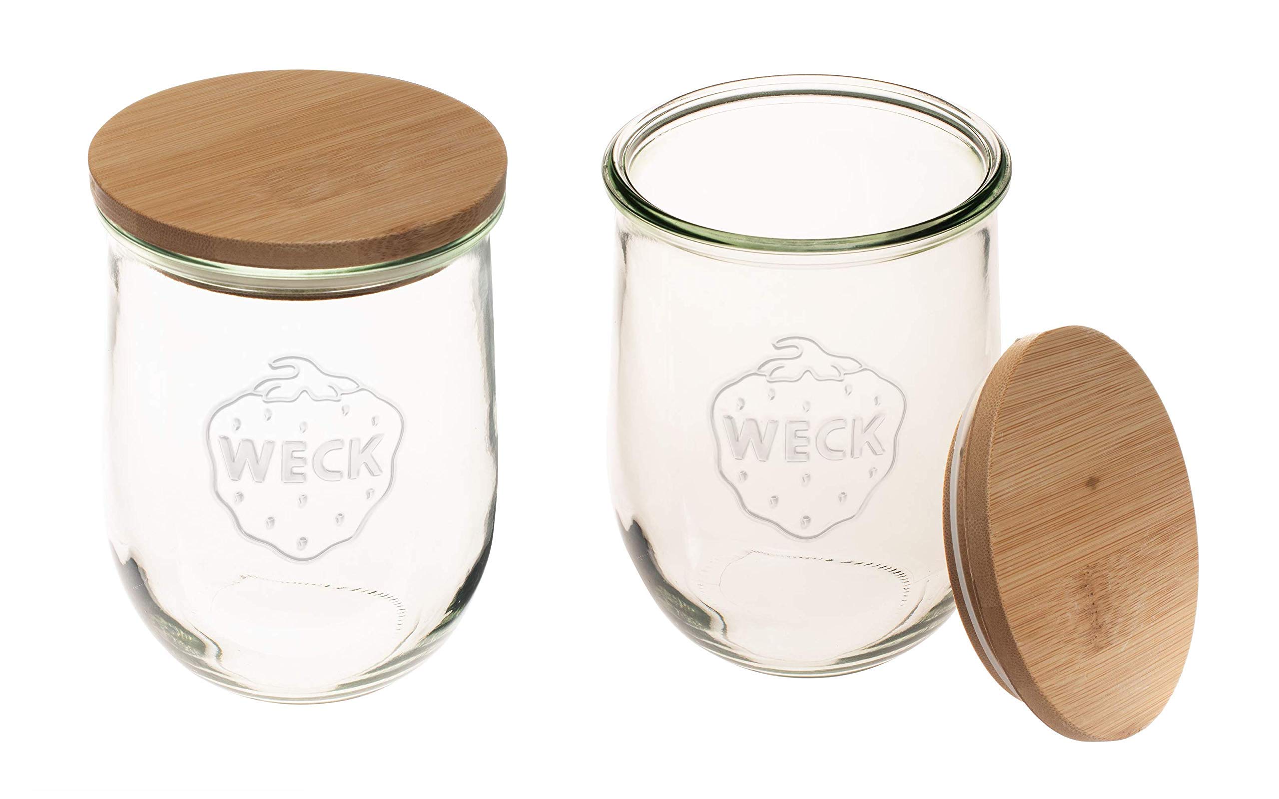 Weck Jars - 33.8 fl. oz Weck Tulip Jars 1 Liter - Sour Dough Starter Jars - Large Glass Jars for Sourdough Suitable for Canning and Storage - (2 Jars, Glass Lids & Wooden Lids)